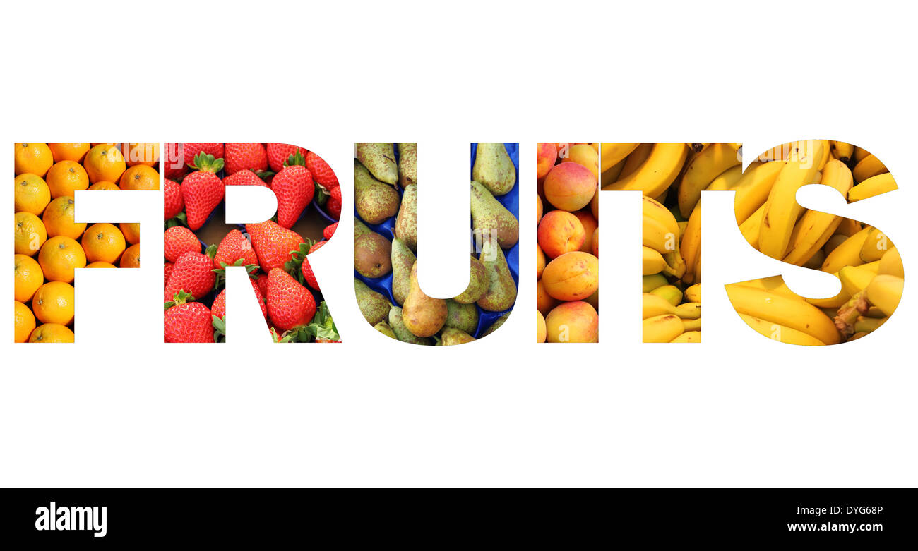 Fruits text written with pictures of fruit backgrounds Stock Photo - Alamy