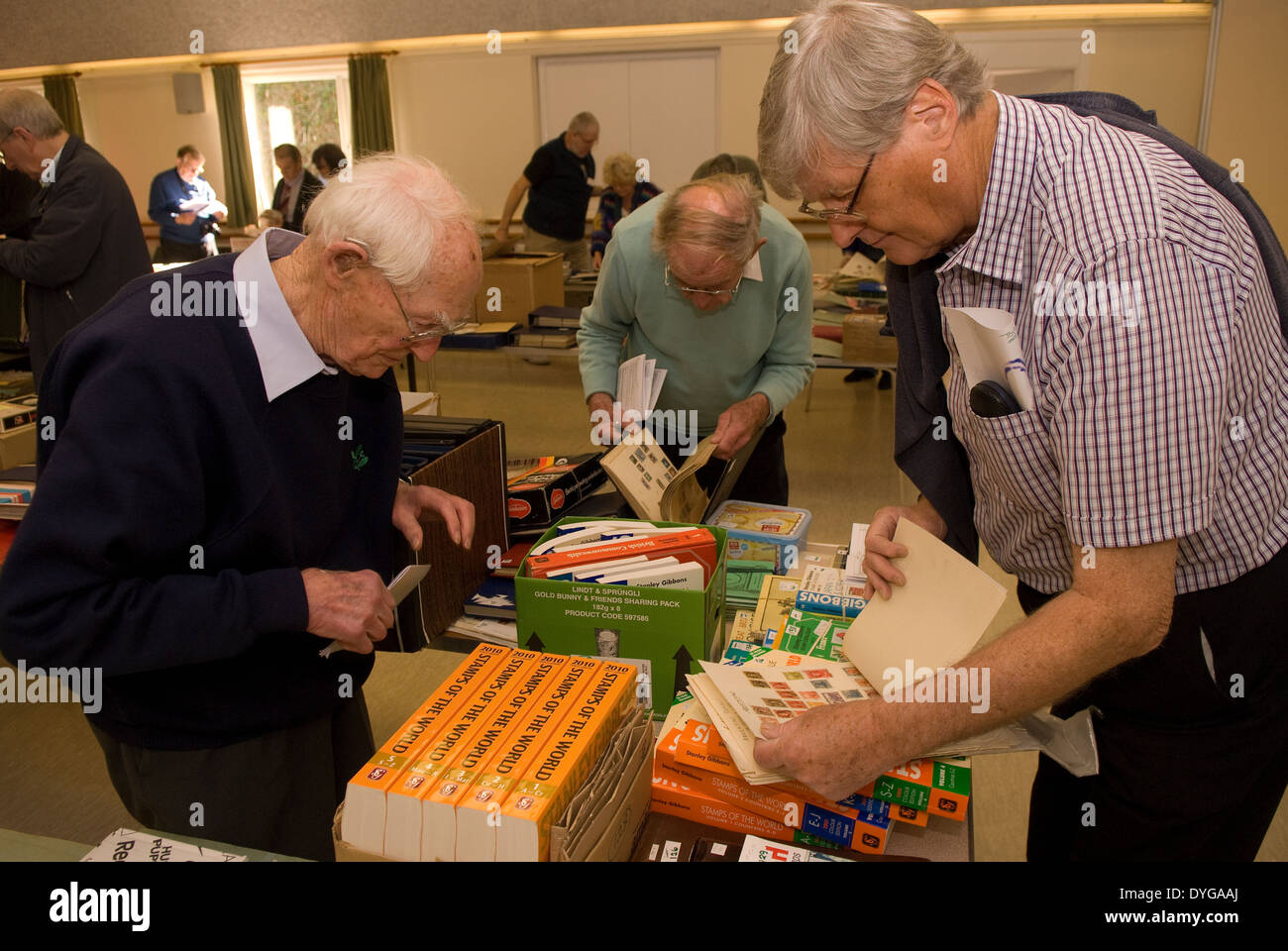 Elderly men attending a stamp auction and perusing items to be sold ...