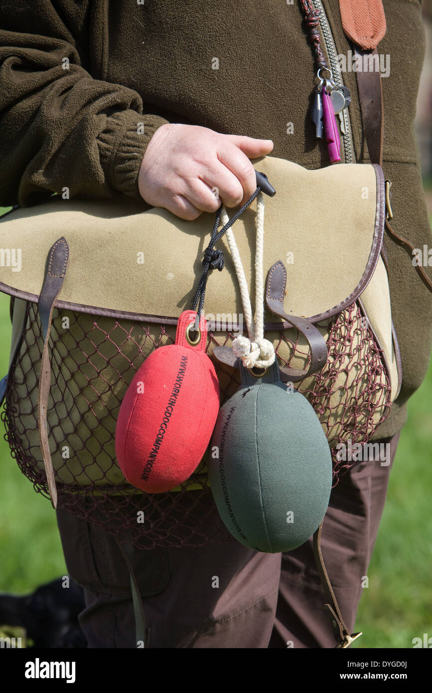 A woman holding various dog training dummies and equipment during a dog ...