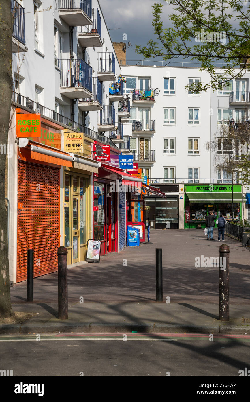 Row of shops at Dickens housing estate, Bermondsey, Southwark, London ...