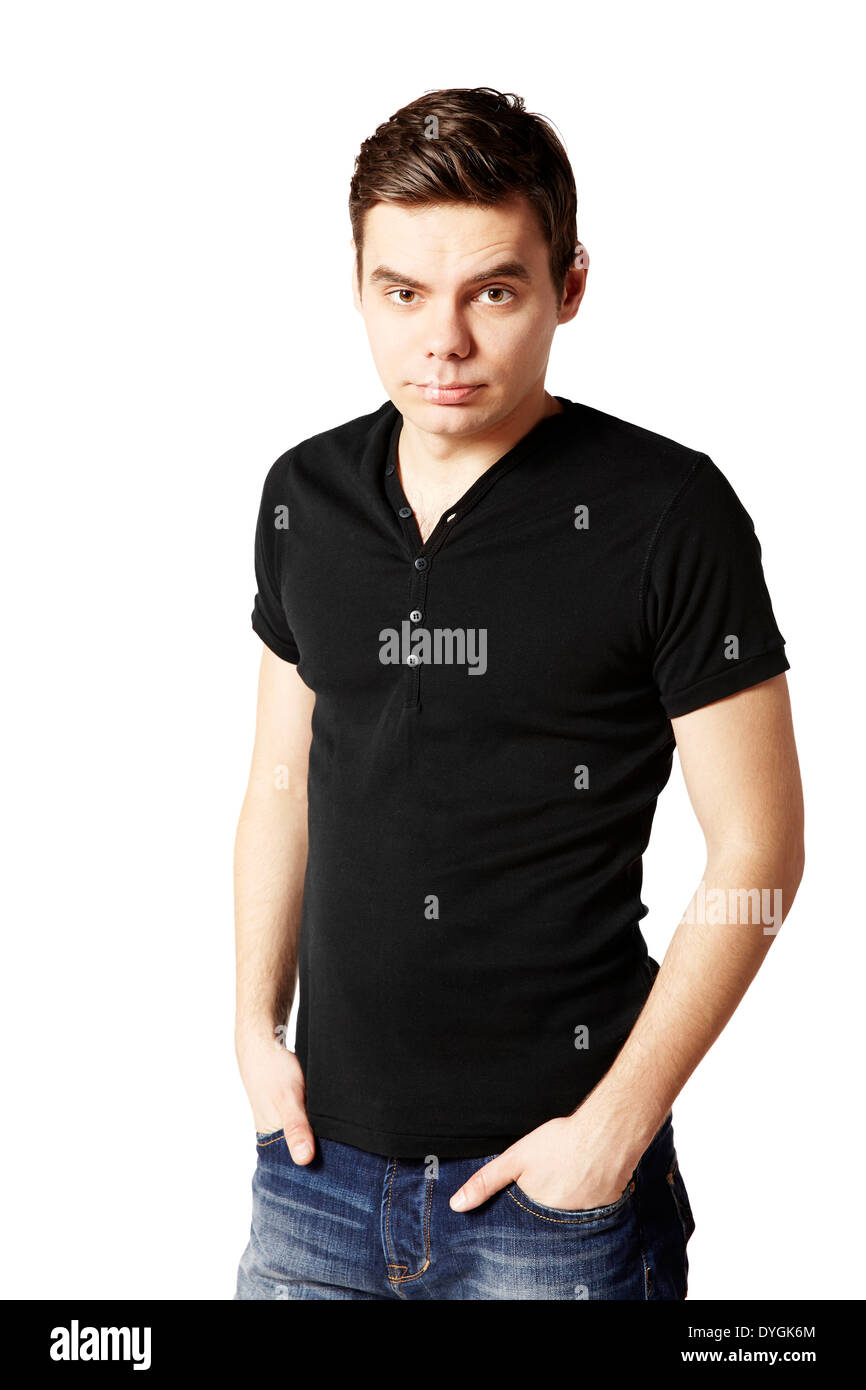 Studio shot of young man in black t-shirt, portrait isolated on white ...