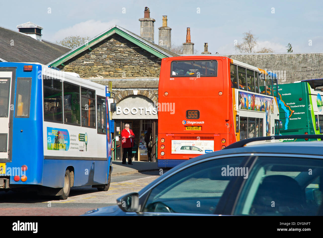 Buses outside Booths supermarket, Windermere, Lake District National ...