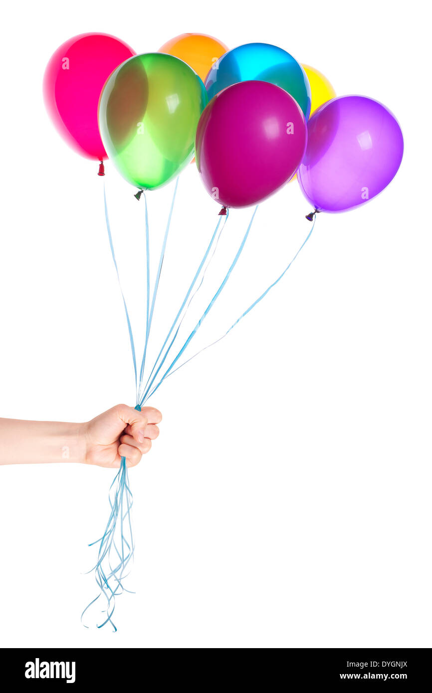 human hand gives flying balloons isolated. Holiday background Stock ...