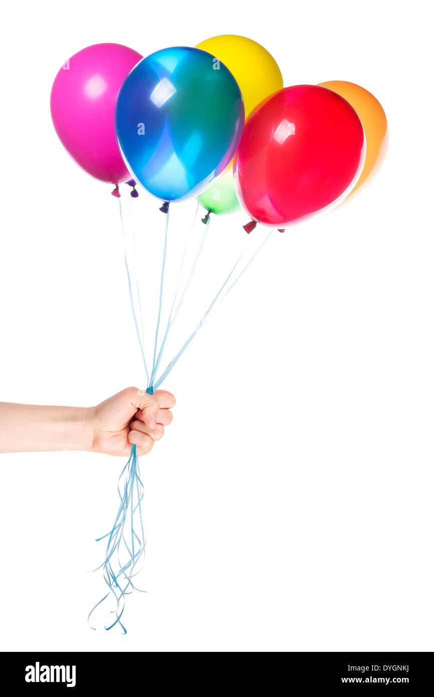human hand gives flying balloons isolated. Holiday background Stock ...