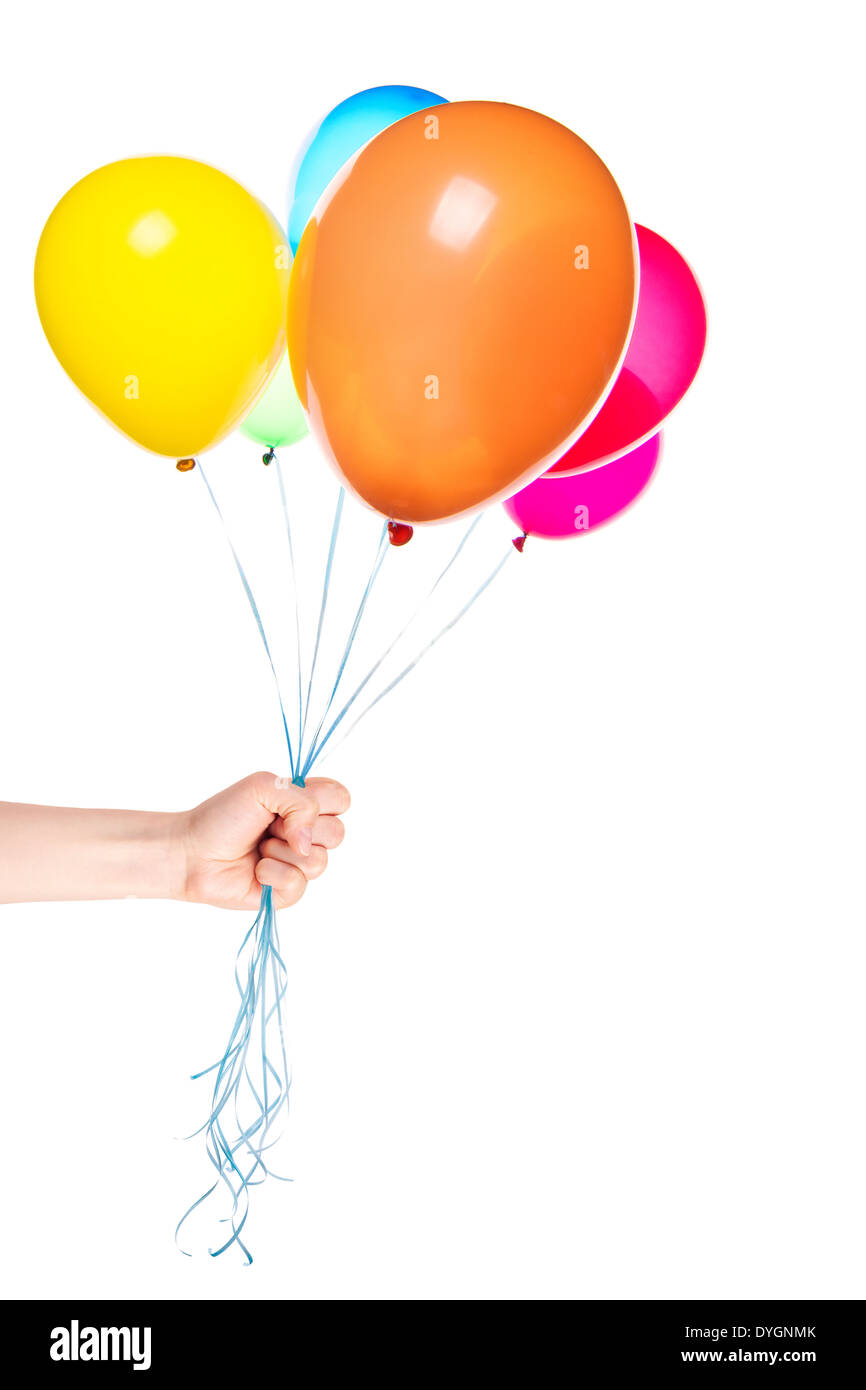 human hand gives flying balloons isolated. Holiday background Stock ...