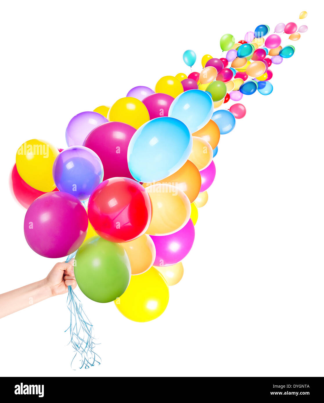 human hand gives flying balloons isolated. Holiday background Stock ...