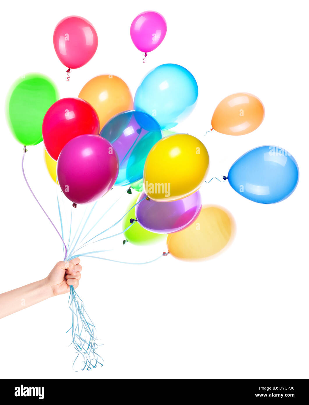 human hand gives flying balloons isolated. Holiday background Stock ...