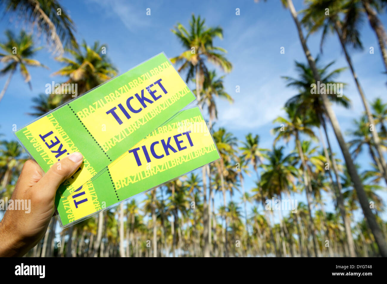 Hand holding pair of Brazil tickets against palm tree grove background ...