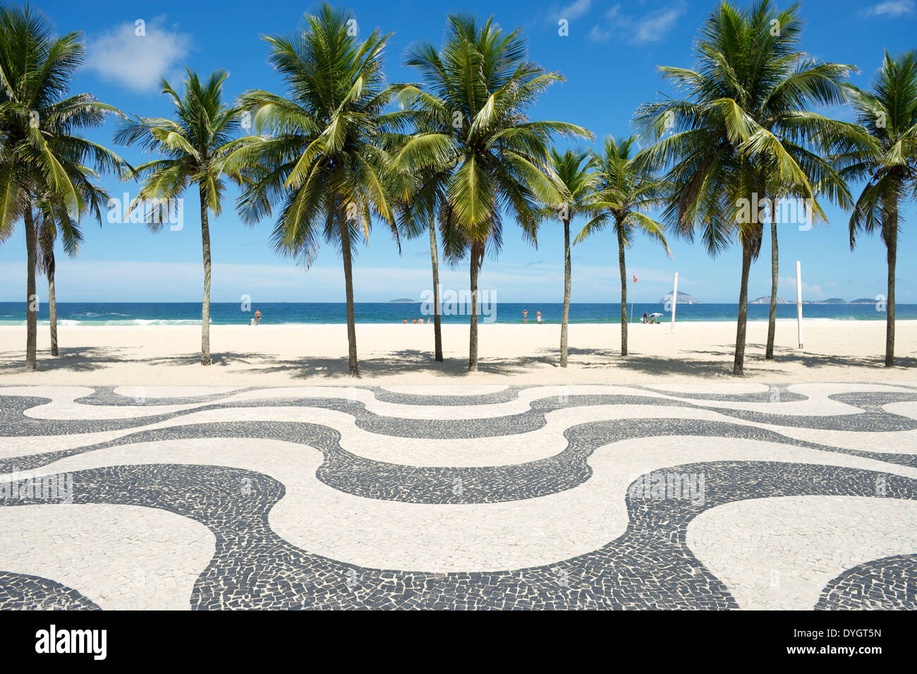 Iconic curving sidewalk tile pattern with palm trees at Copacabana ...