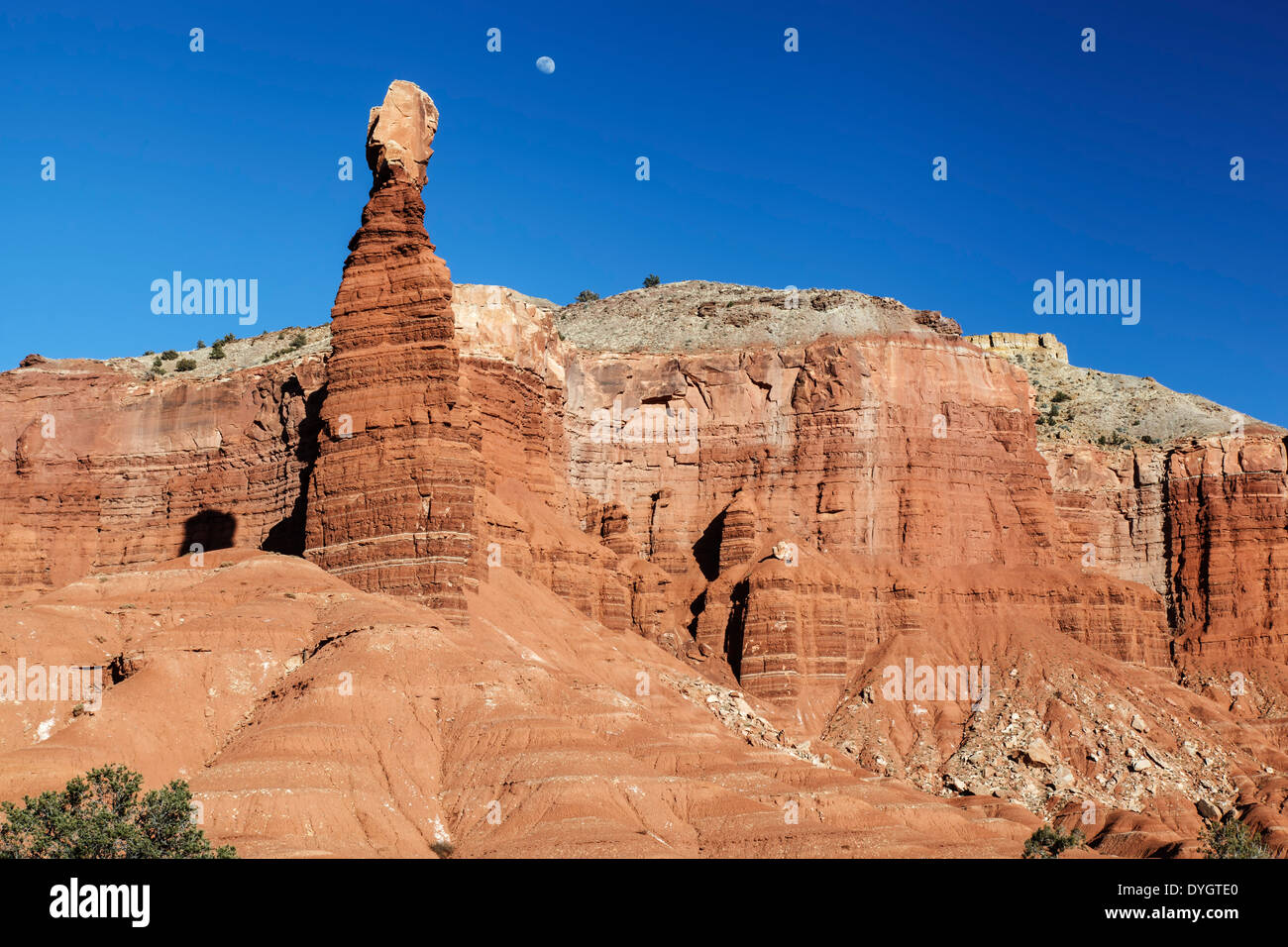 Moon and Chimney Rock, Capitol Reef National Park, Utah USA Stock Photo ...