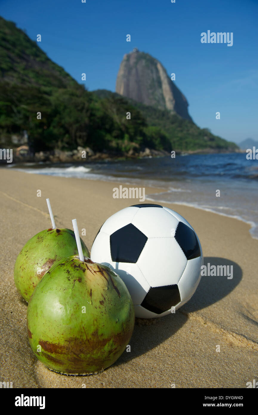 Football soccer ball standing next to fresh green drinking coconuts ...
