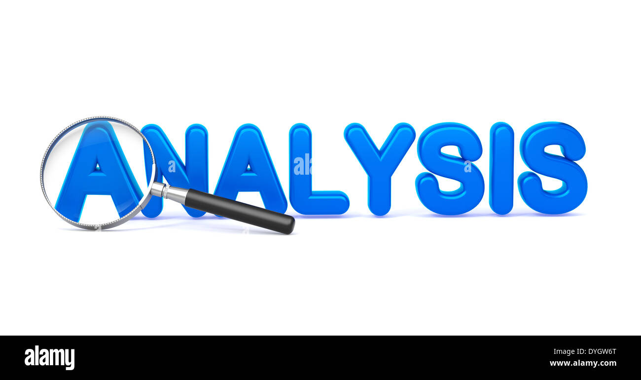 Analysis - Blue 3D Word Through a Magnifying Glass on White Background ...
