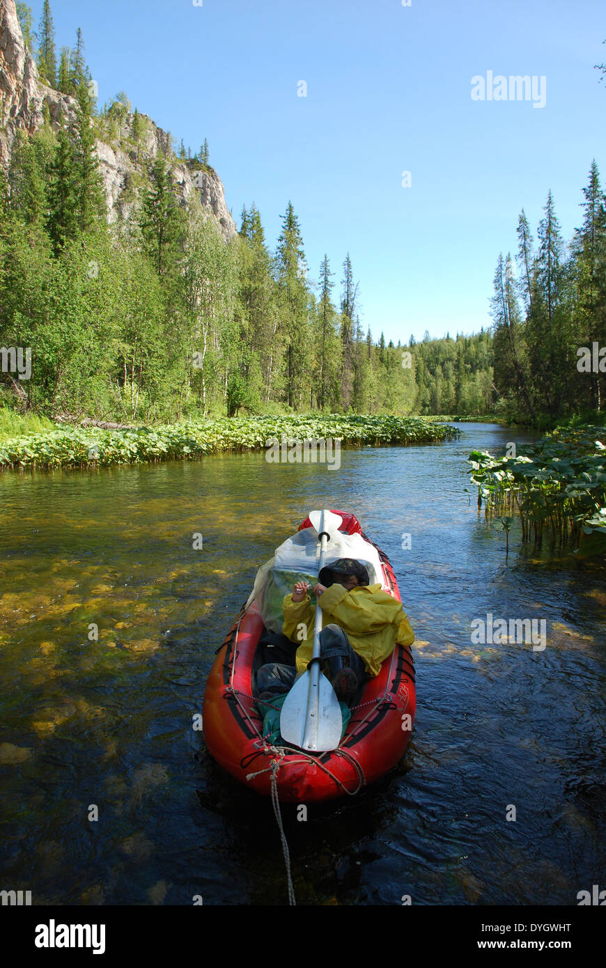 Russia, Komi Republic, summer, taiga. Canoe on the river in the virgin ...