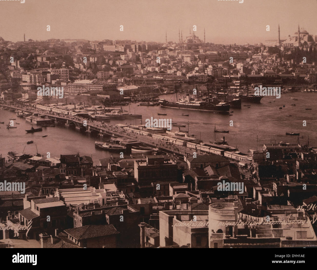 Constantinople (Istanbul) with Bridge over Bosphorus, circa 1885 Stock ...