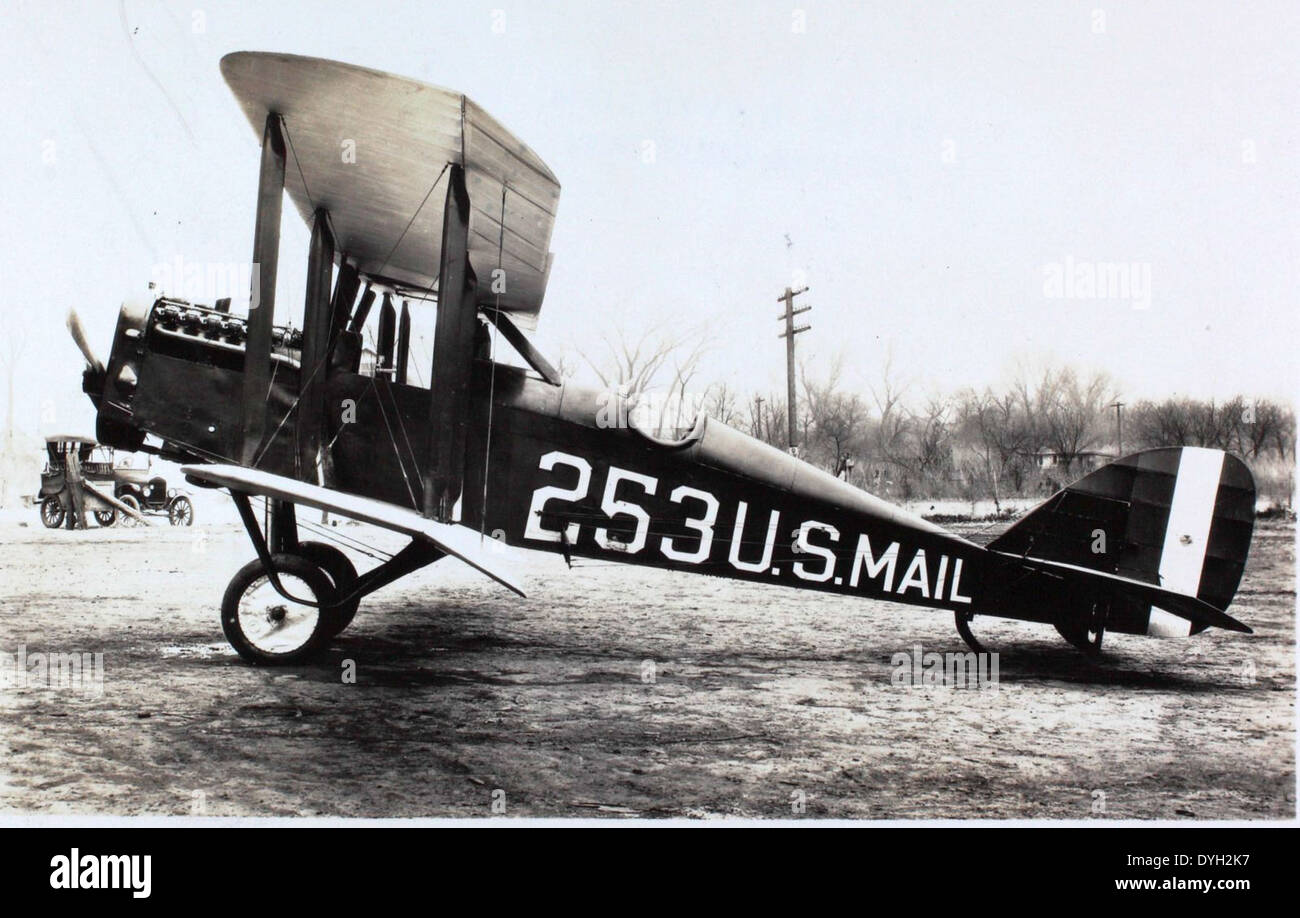 The image shows an early air mail pioneer aircraft, possibly a DH-44 ...