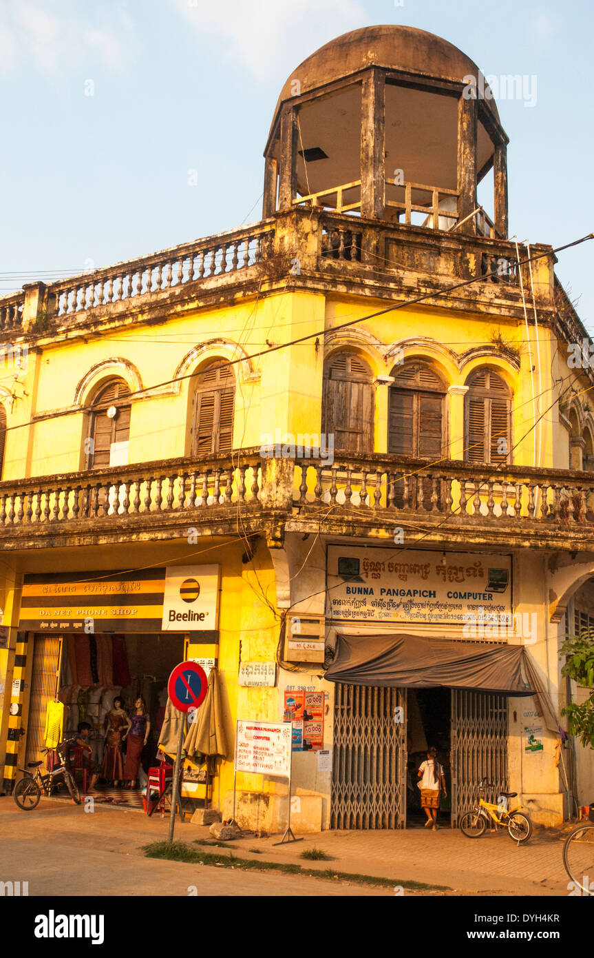 Colonial-era buildings around the market in Kratie, Cambodia Stock ...