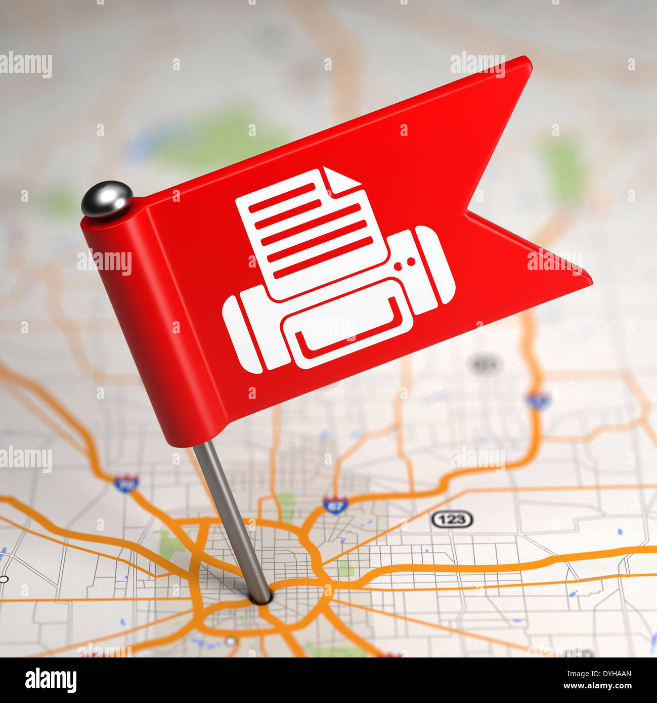 Red Small Flag with Printer Icon on a Map Background with Selective ...