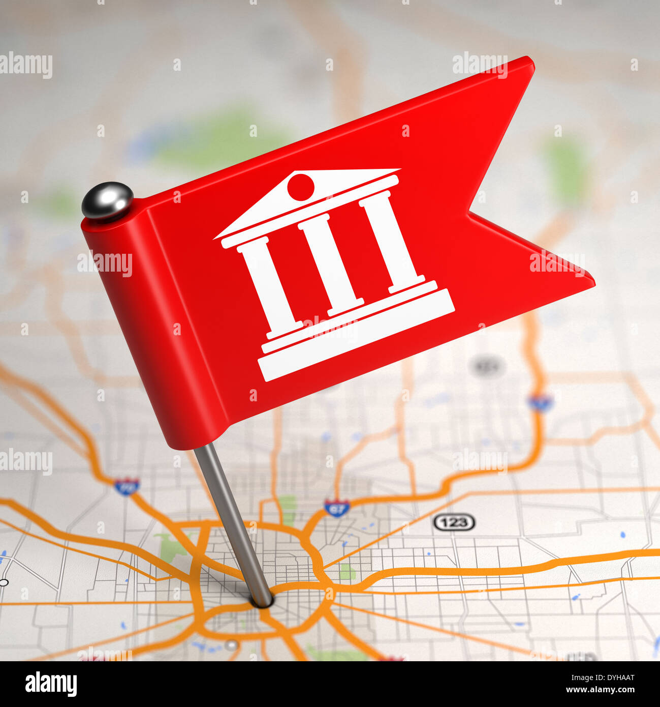 Red Small Flag with Bank Icon on a Map Background with Selective Focus ...
