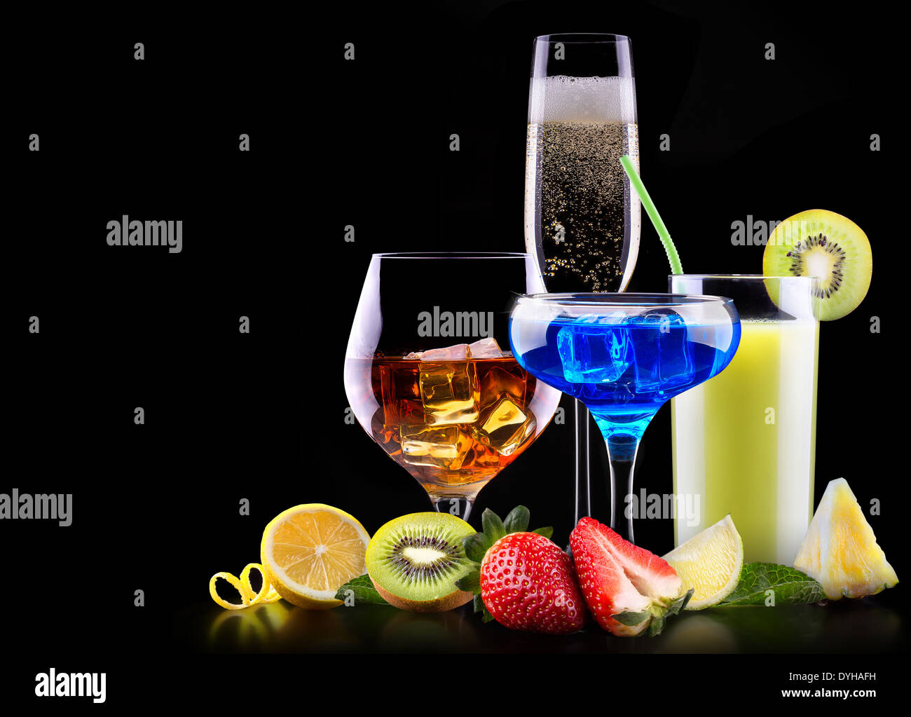 different alcohol drinks set - beer, wine, cocktail, juice, champagne ...