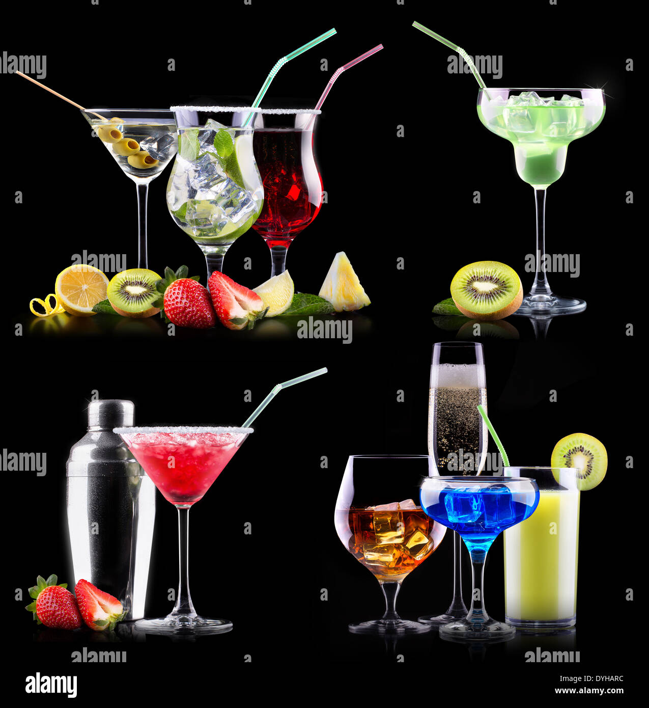 different alcohol drinks set - beer, wine, cocktail, juice, champagne ...