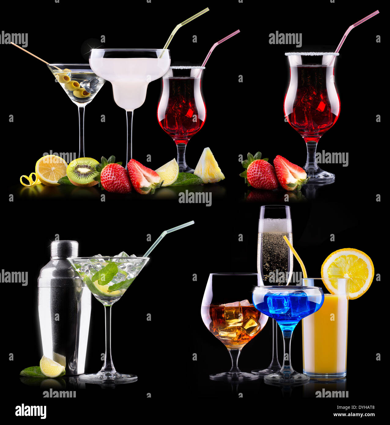 different alcohol drinks set - beer, wine, cocktail, juice, champagne ...