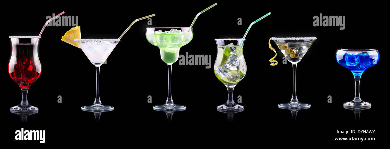alcohol cocktail set on a black party background Stock Photo - Alamy