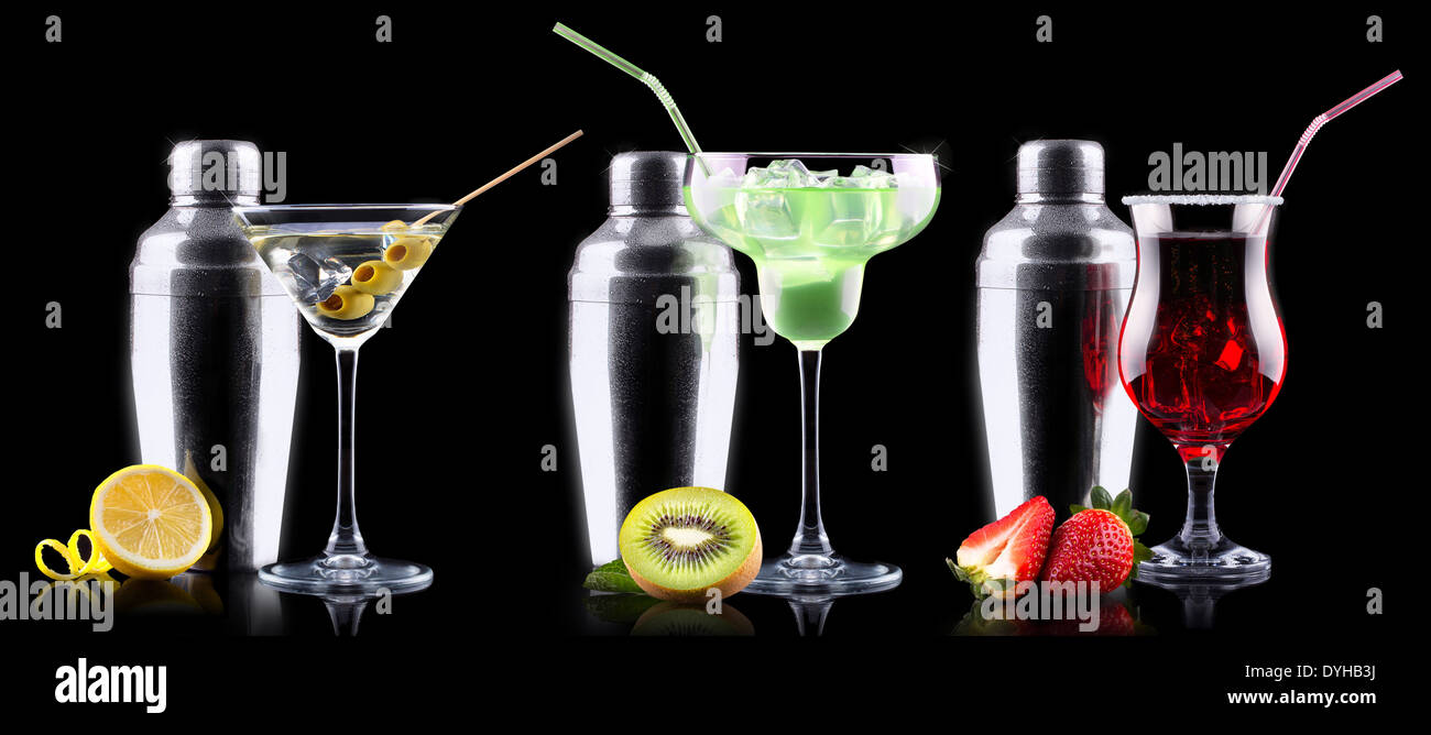 alcohol cocktail set on a black party background Stock Photo - Alamy