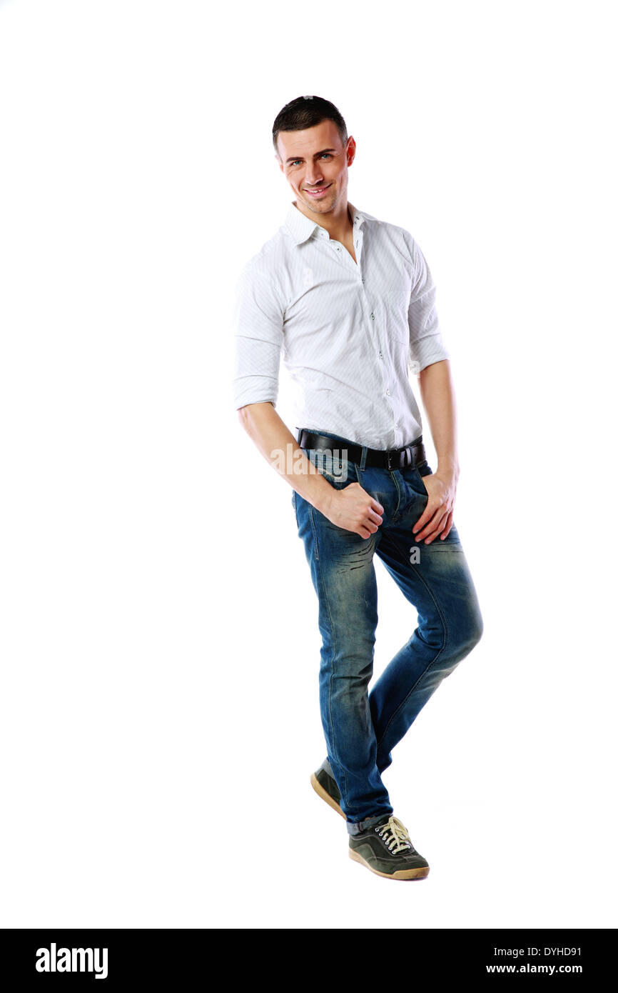 Full-length portrait of a smiling man over white background Stock Photo ...
