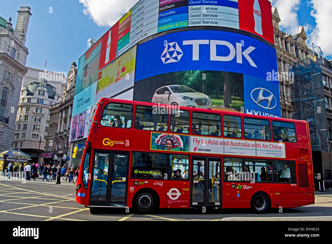Red double-decker bus at Piccadilly Circus, West End, London, England ...