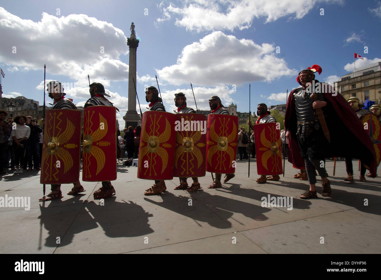 London UK. 18th April 2014. Actors dressed as Roman soldiers from the ...