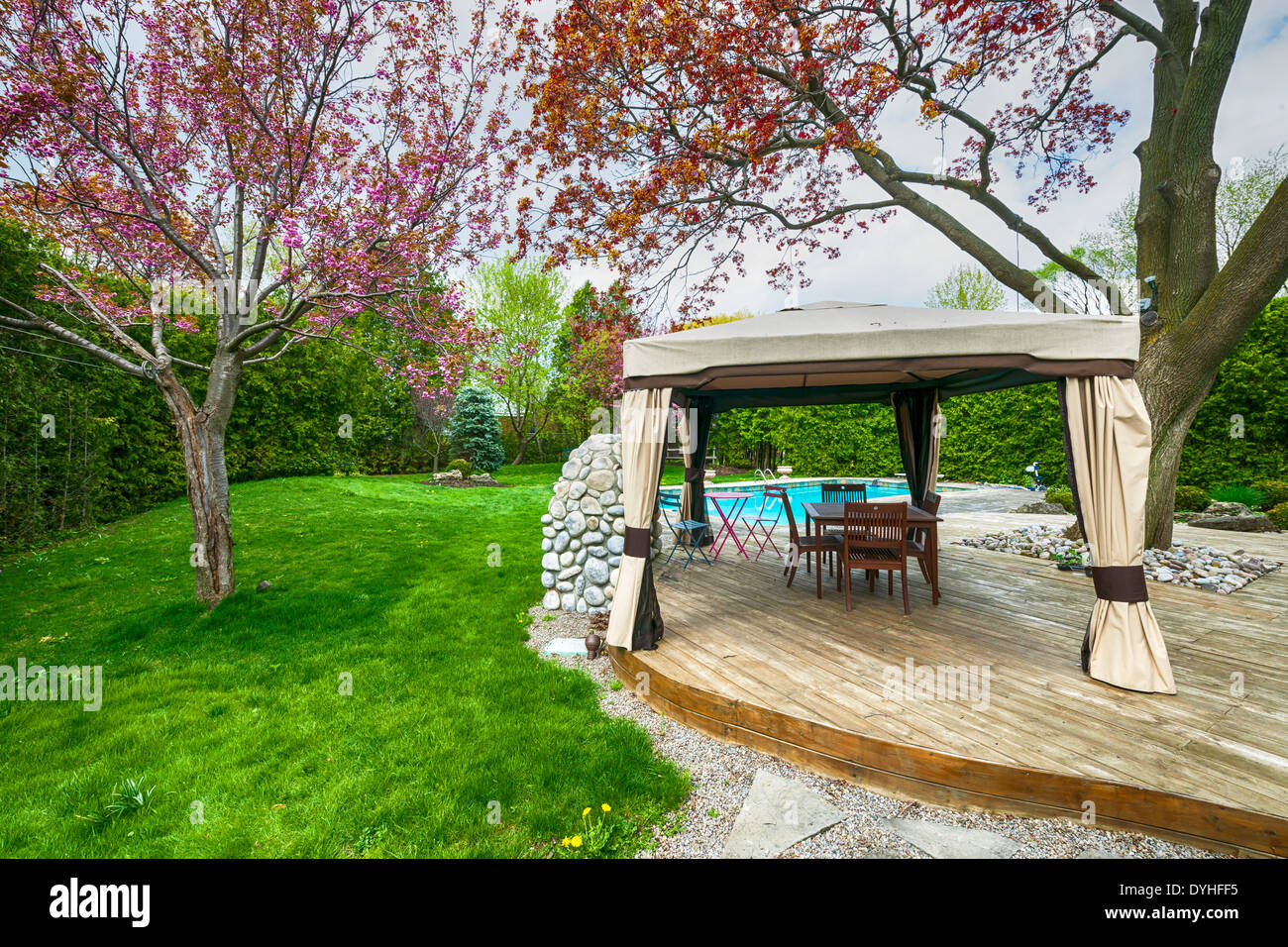 Backyard of residential house in spring with wooden deck and gazebo ...