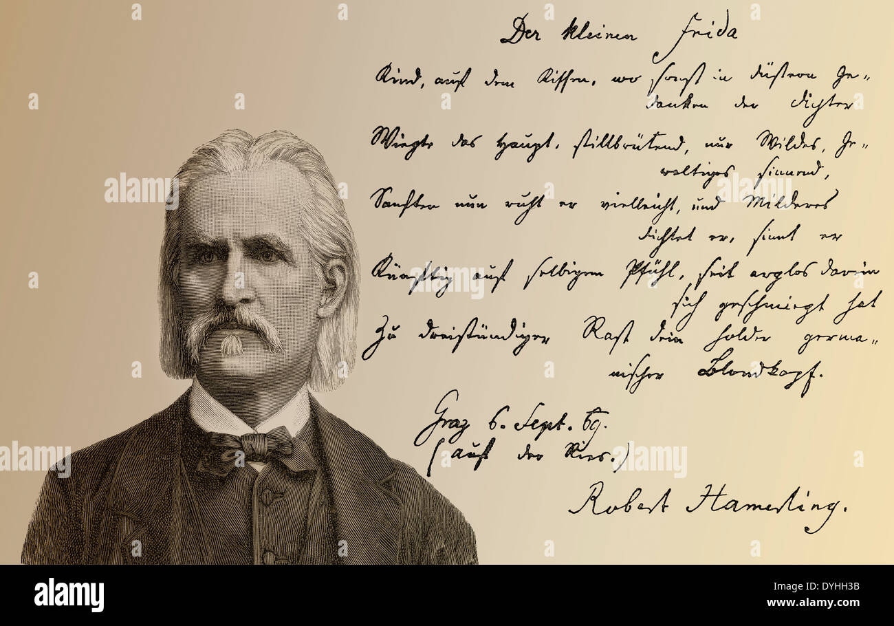 Historical manuscript and portrait of Robert Hamerling or Rupert Johann Hammerling, 1830-1889 ...