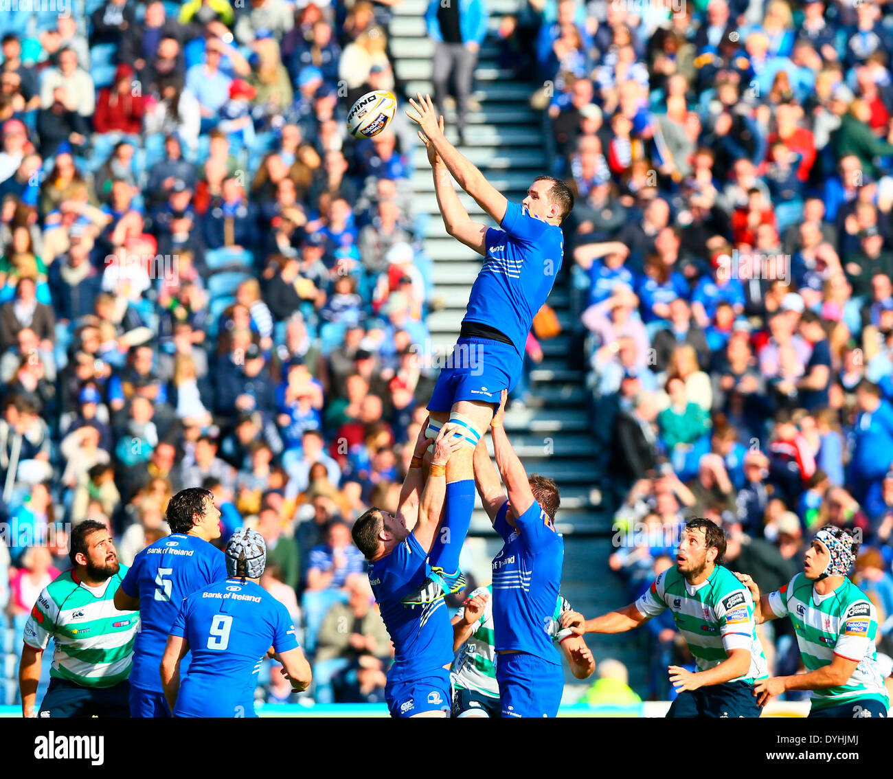 Dublin, Ireland. 18th Apr, 2014. Devin Toner (Leinster) gathers the ...