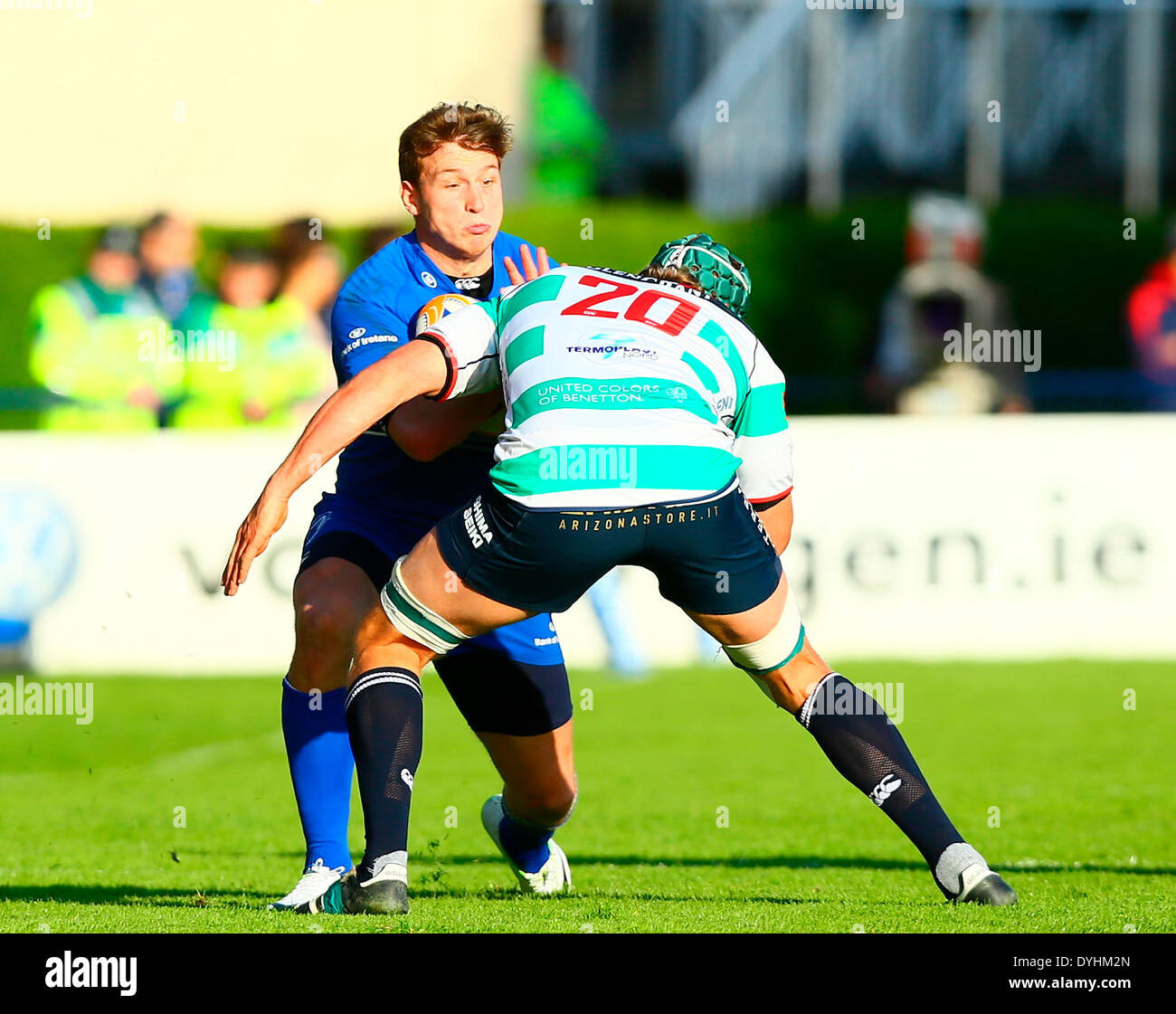 Dublin, Ireland. 18th Apr, 2014. Brendan Macken (Leinster) runs in to ...