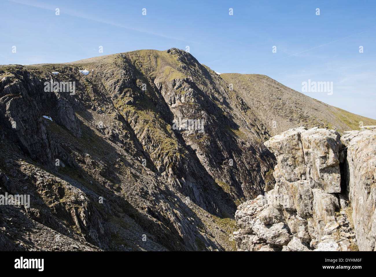 Mount Y Garn summit from south east ridge in mountains of Snowdonia ...
