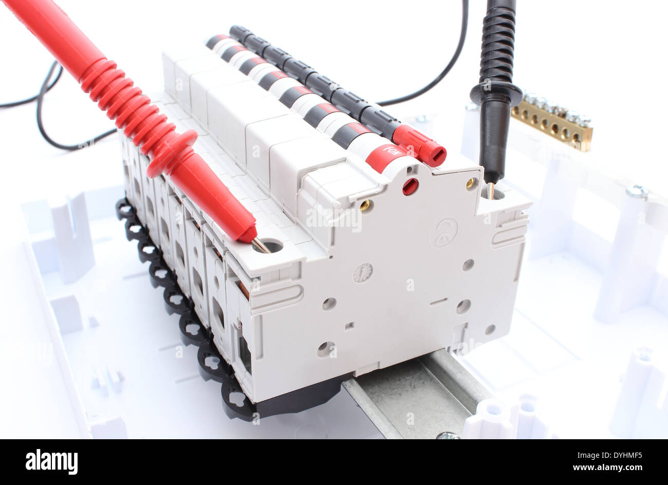Closeup of electric switch on the control panel with cable multimeter ...