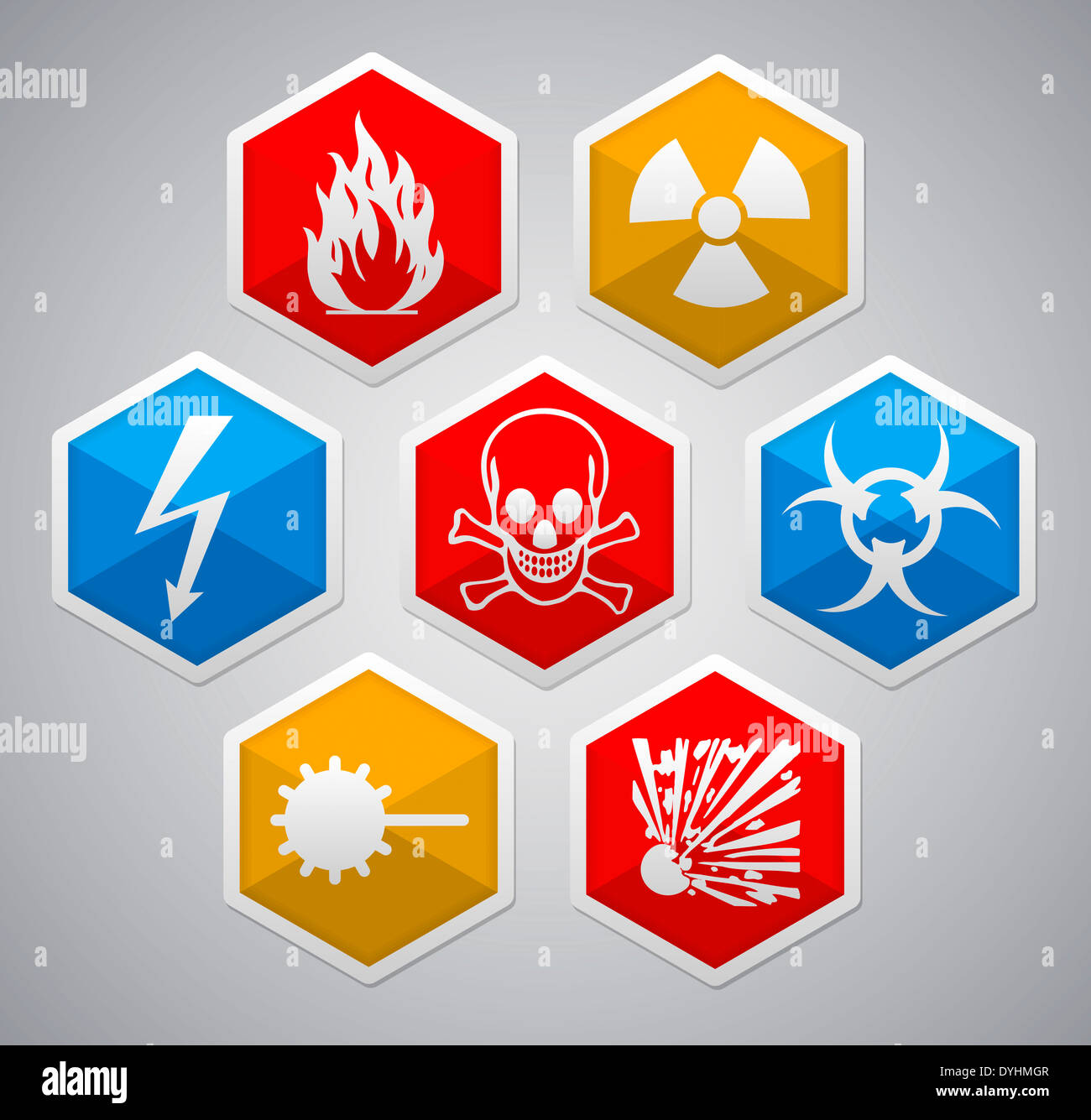 Danger sign - various color hexagon icon set with shadow on light ...