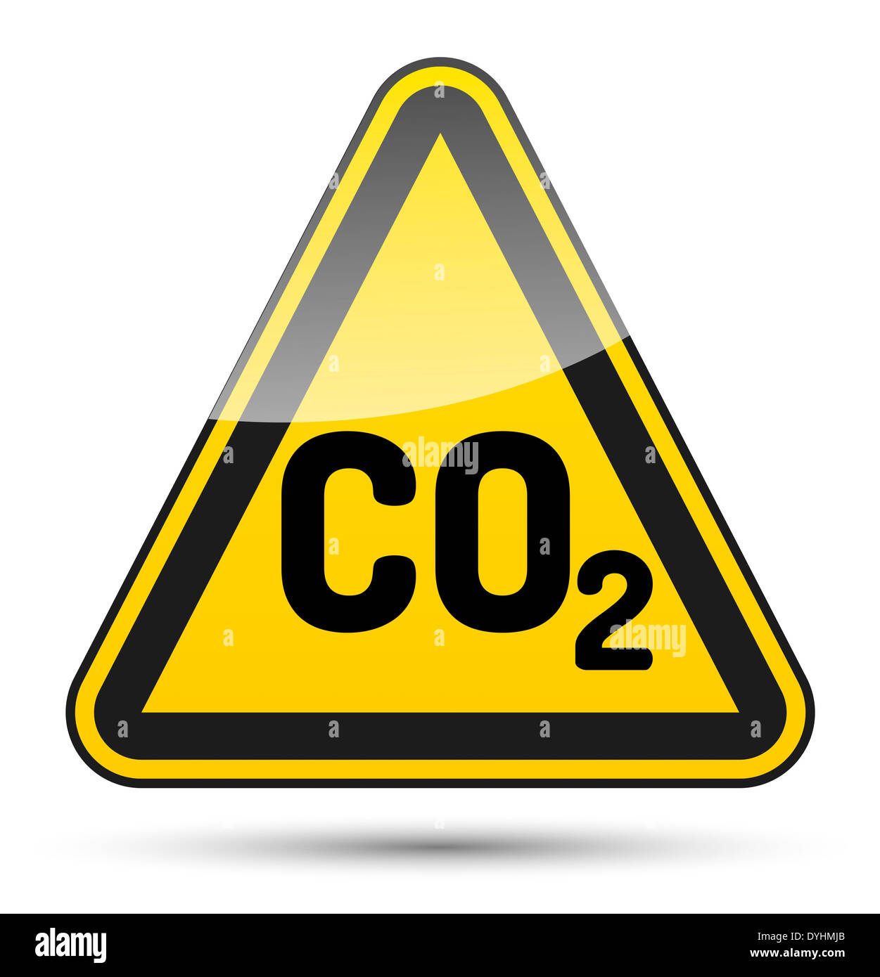 CO2 danger triangle sign with black border, reflection and shadow on ...