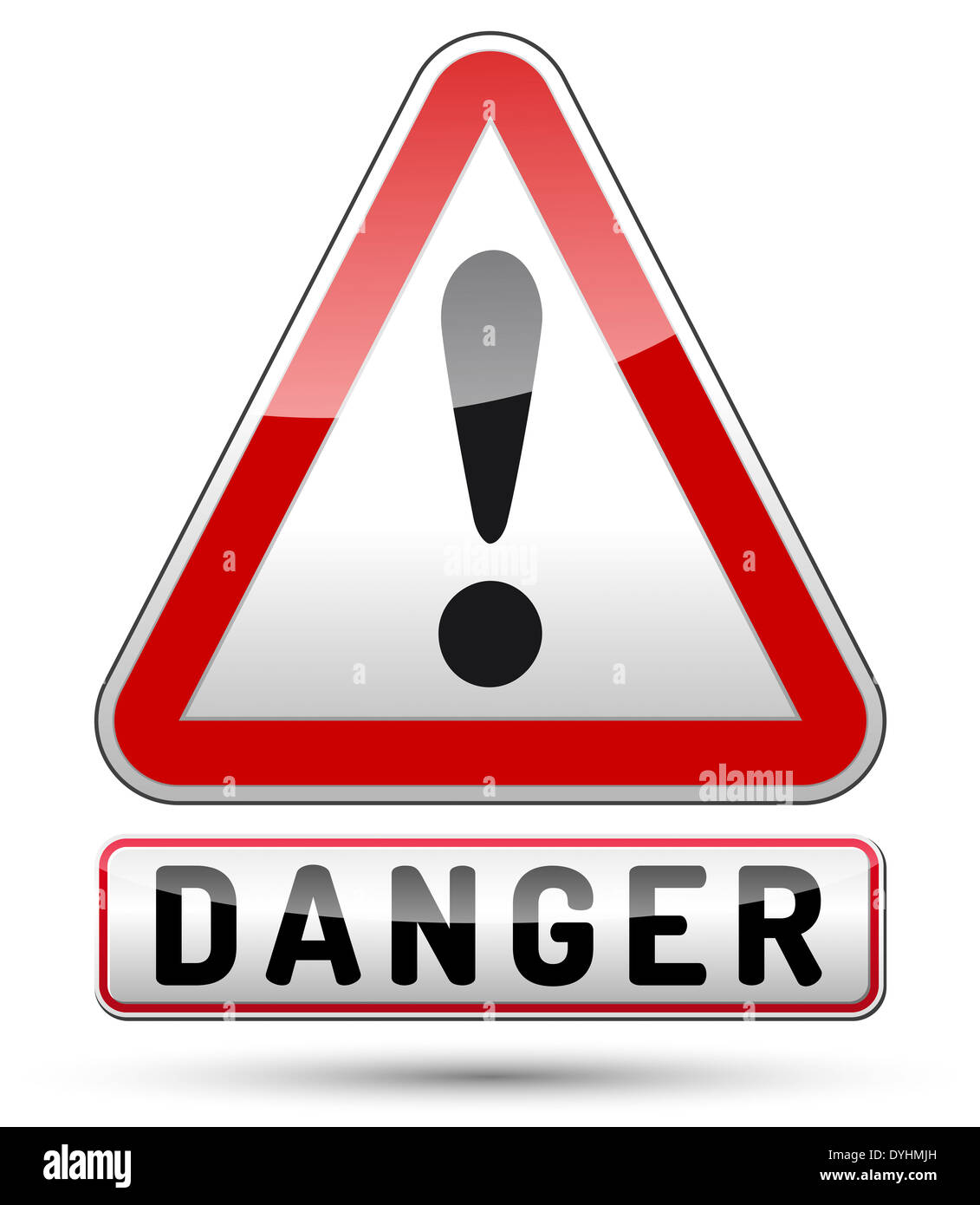 Exclamation mark danger sign with black border, reflection and shadow ...