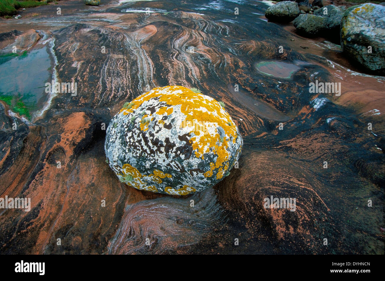 Granite Boulder on sandstone shore, Corrie, Isle of Arran Stock Photo ...