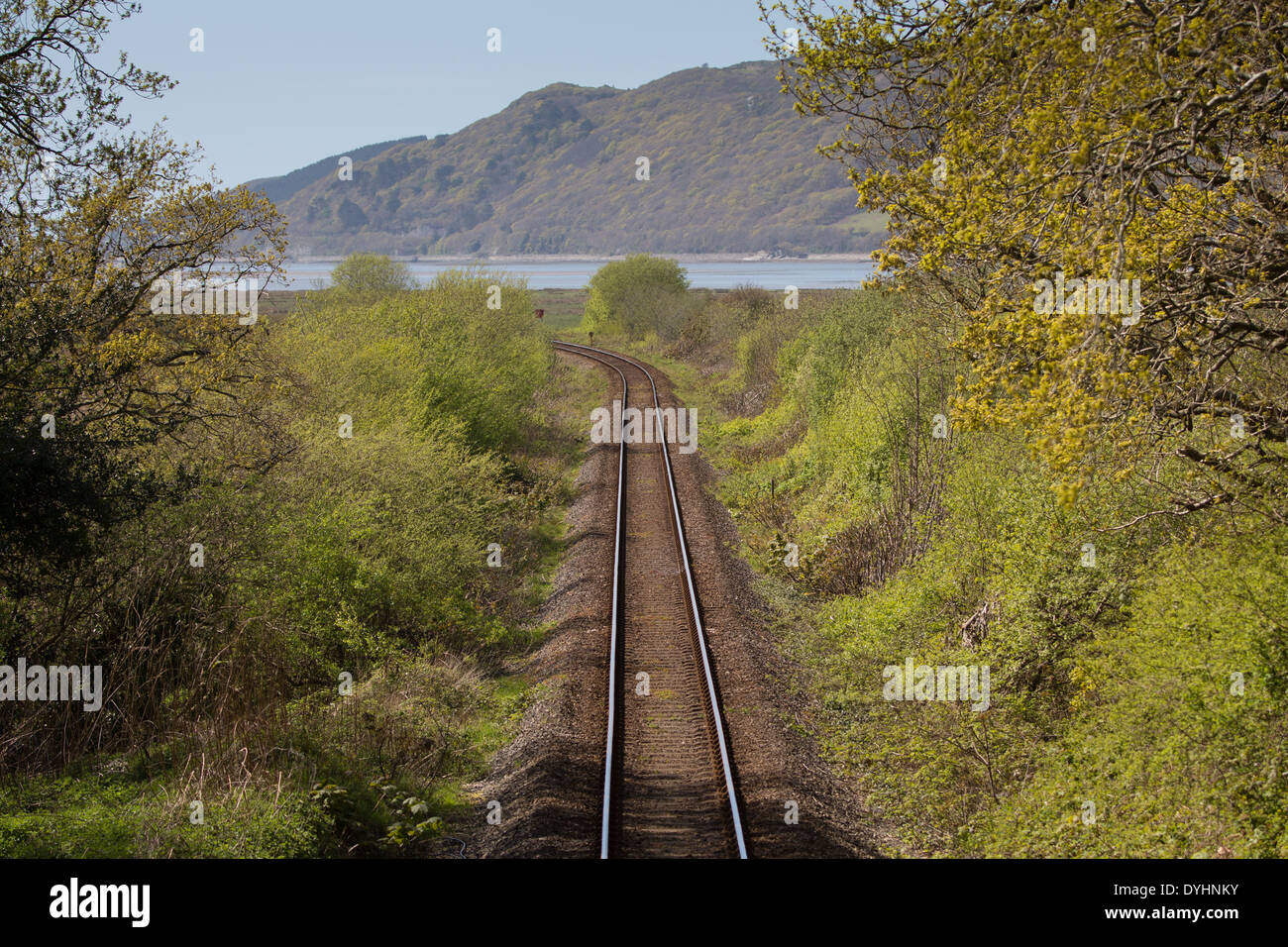 The single track railway line linking Aberystwyth and Shrewsbury as it ...