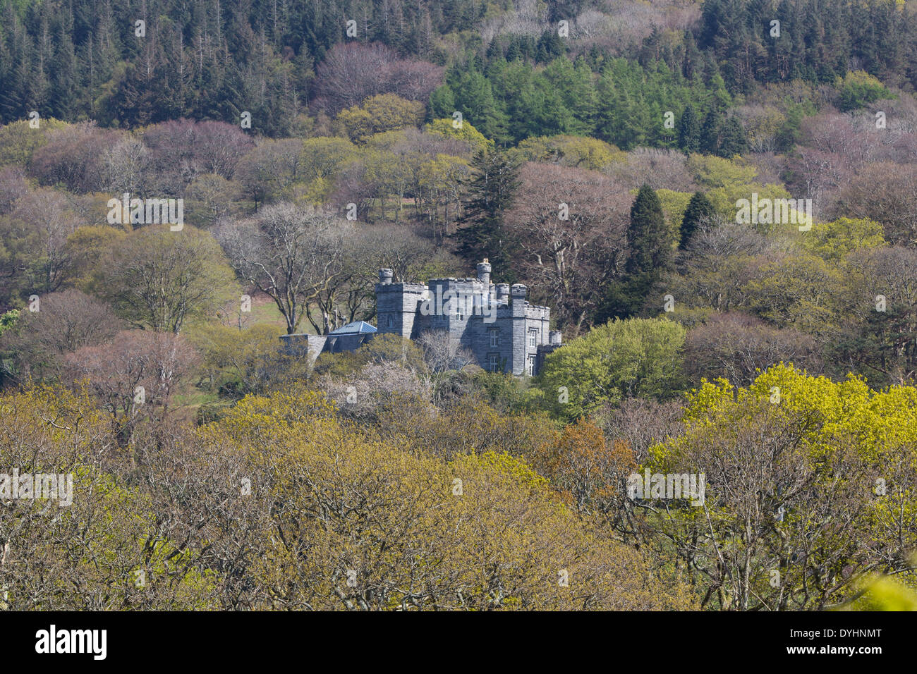 Glandyfi Castle, mid Wales, set in deciduous woodland, with bright ...