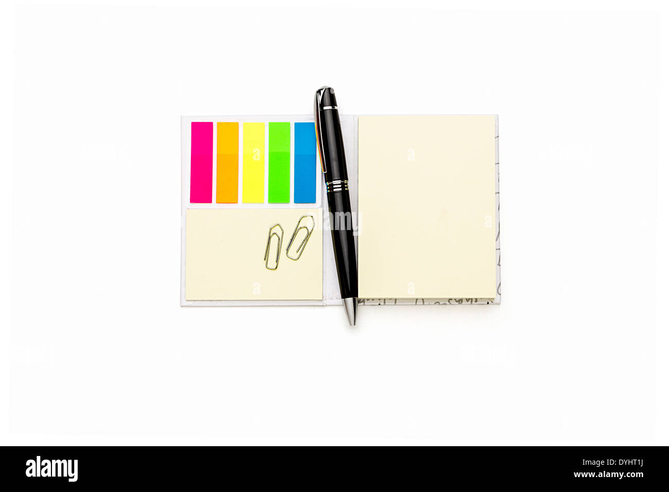 open blank pad with color tick notes and ball pen, isolated on white ...