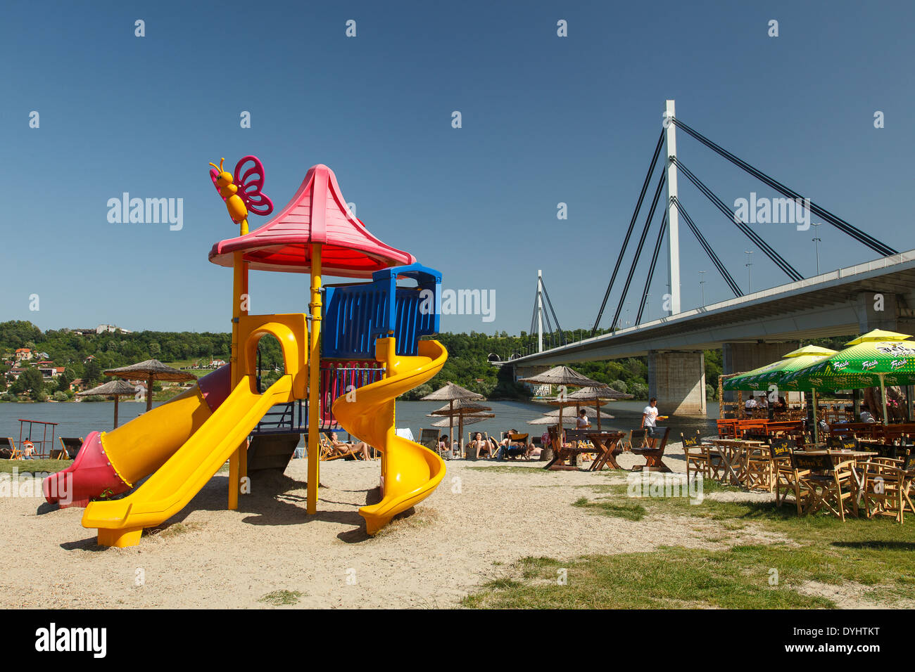 Strand beach and sloboda bridge. Danube river, Novi Sad, Serbia, Europe ...