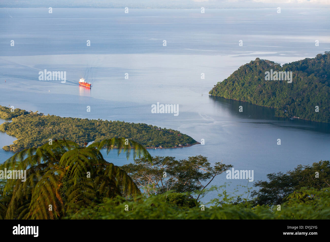 A view of the bay from the hills above Golfito, Costa Rica as cargo ...