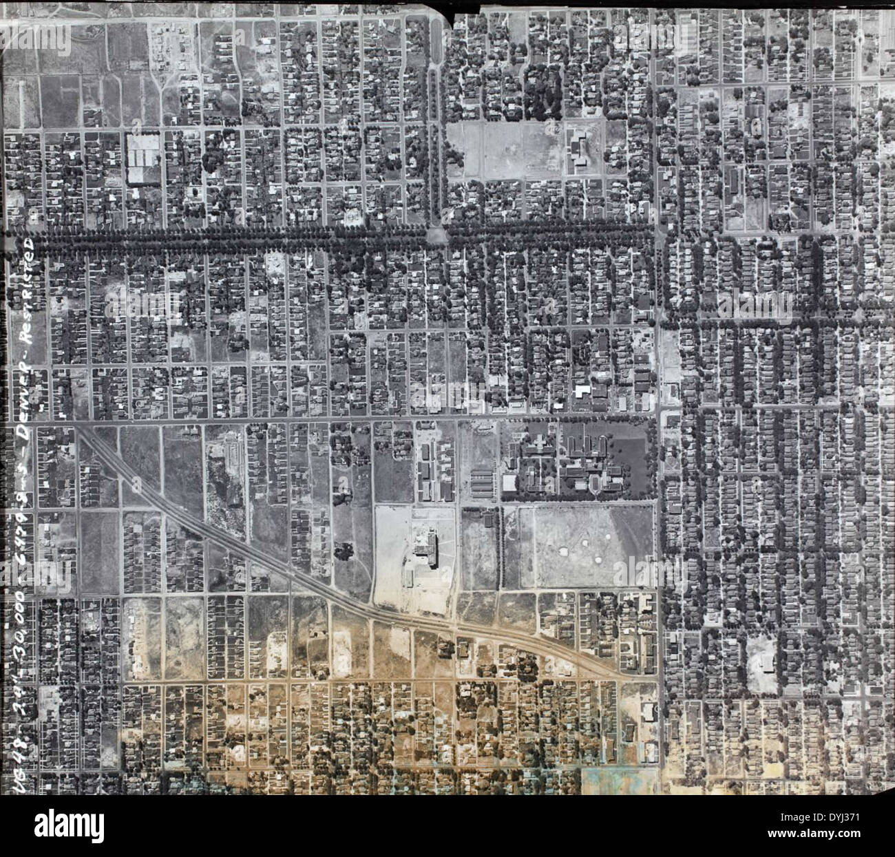 This aerial reconnaissance photo shows a bird's-eye view of Denver ...