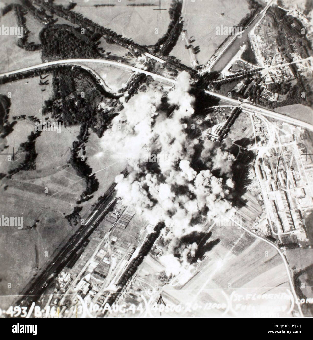 Aerial photograph depicting a bombing mission during World War Two. The ...