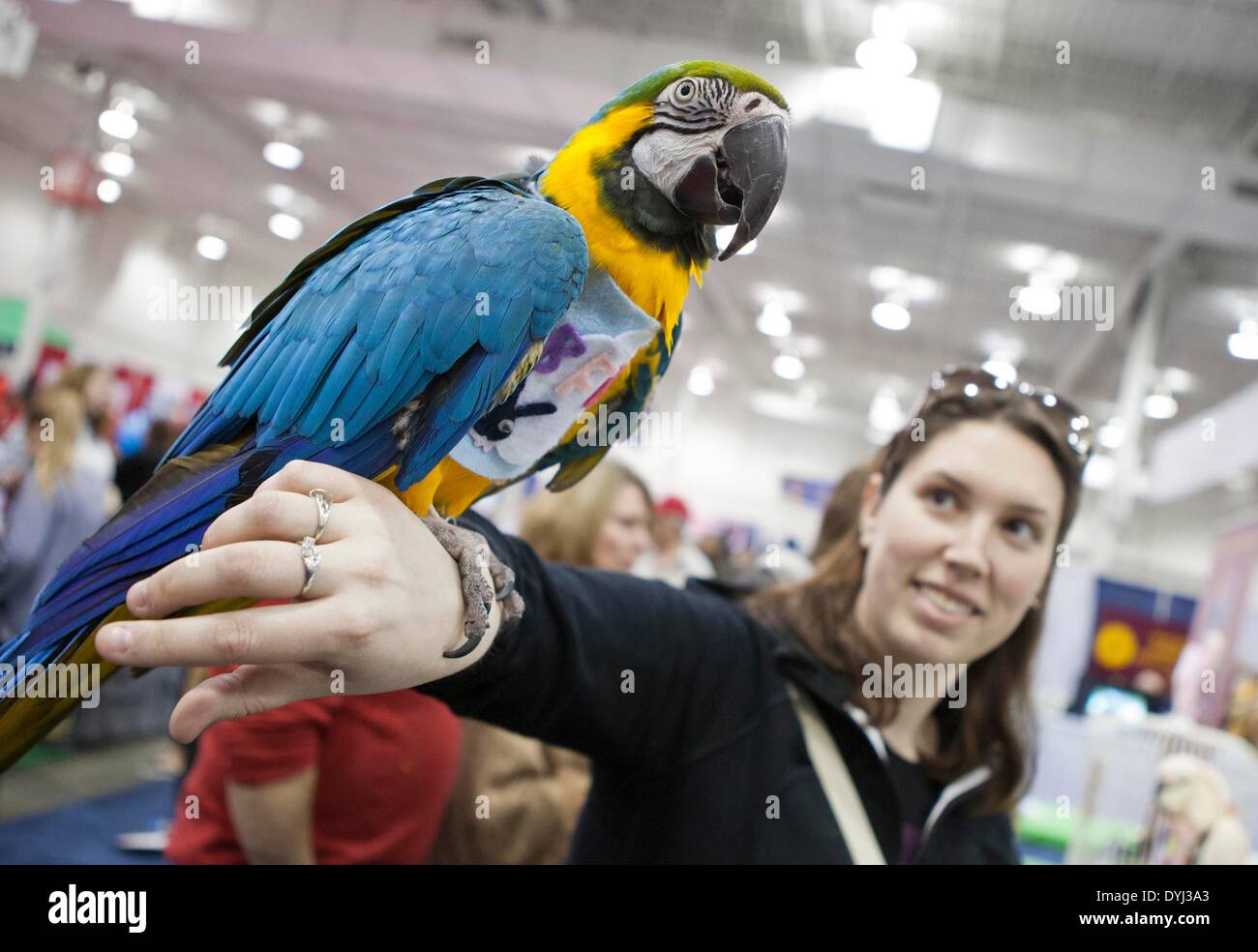 Toronto, Canada. 18th Apr, 2014. A woman poses for photos with a parrot ...