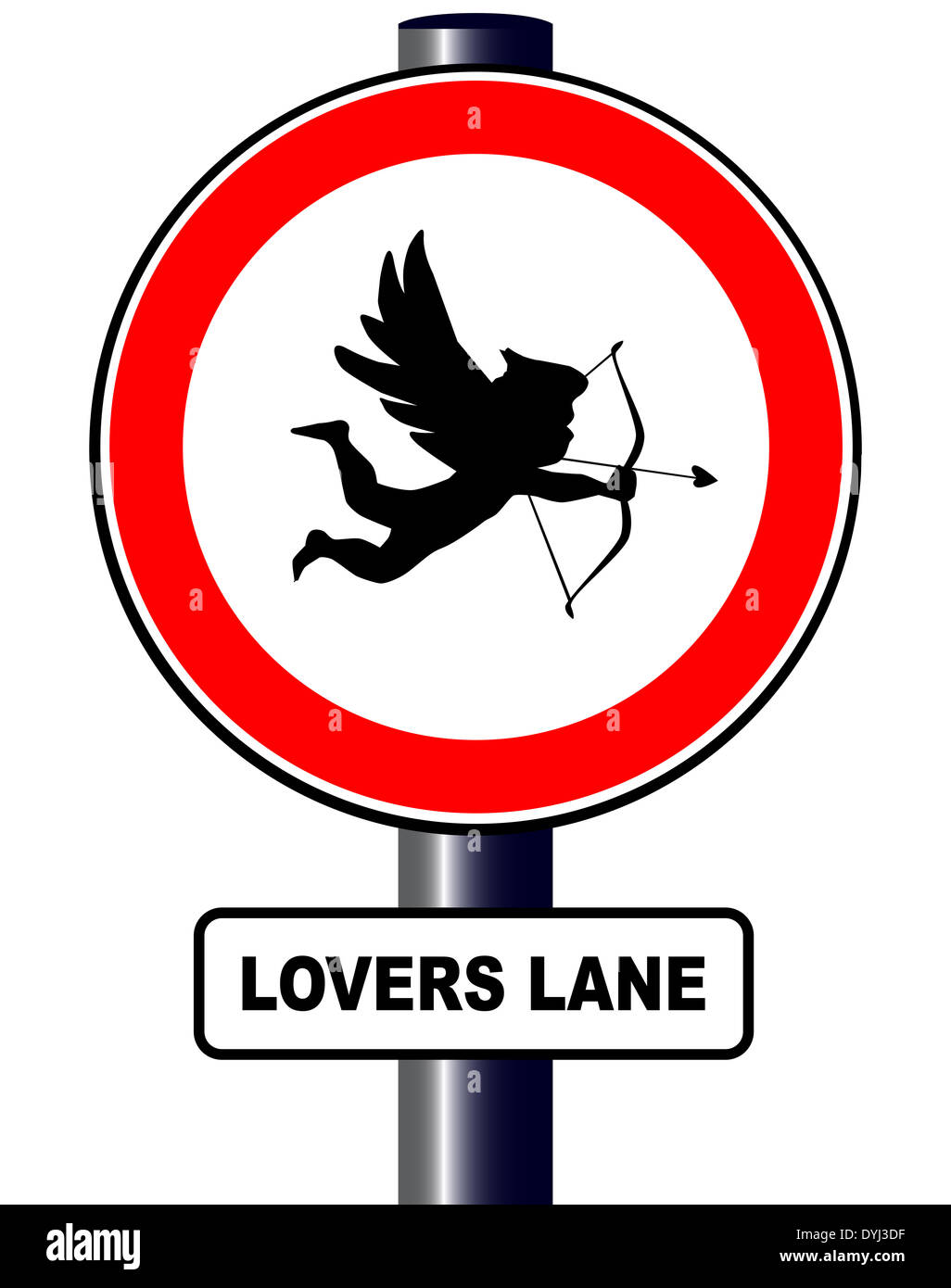 A spoof traffic sign with cupid and the notice lovers lane all isolated ...