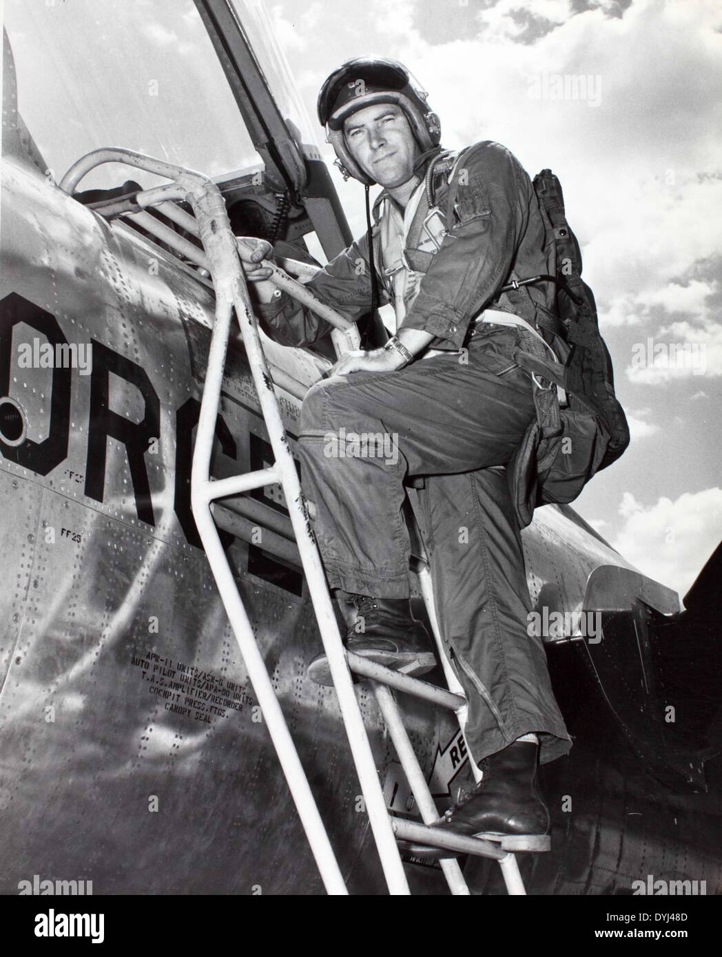 Lin Hendrix, a U.S. Air Force pilot, is photographed with a Republic F ...